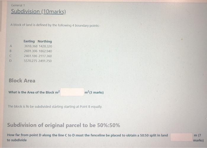 Solved General 1 Subdivision (10marks) A block of land is | Chegg.com
