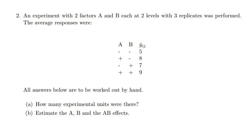 Solved 2. An experiment with 2 factors A and B each at 2 | Chegg.com
