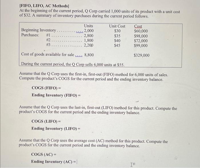 Solved [FIFO, LIFO, AC Methods] At the beginning of the | Chegg.com