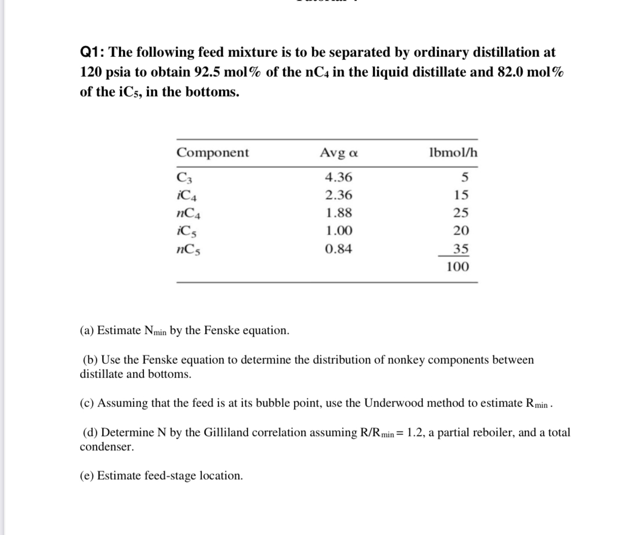 Solved Q1: The following feed mixture is to be separated by | Chegg.com