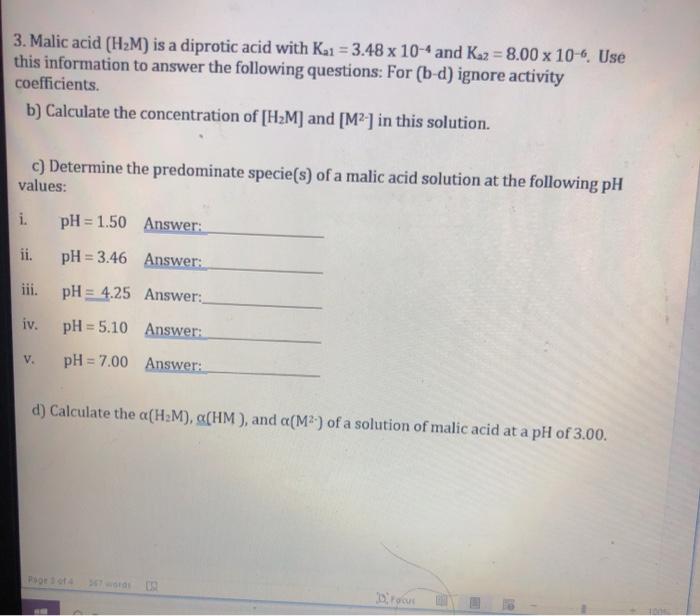 Solved 3. Malic acid (H2M) is a diprotic acid with K.1 = | Chegg.com