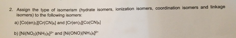 Solved 2. Assign the type of isomerism (hydrate isomers, | Chegg.com