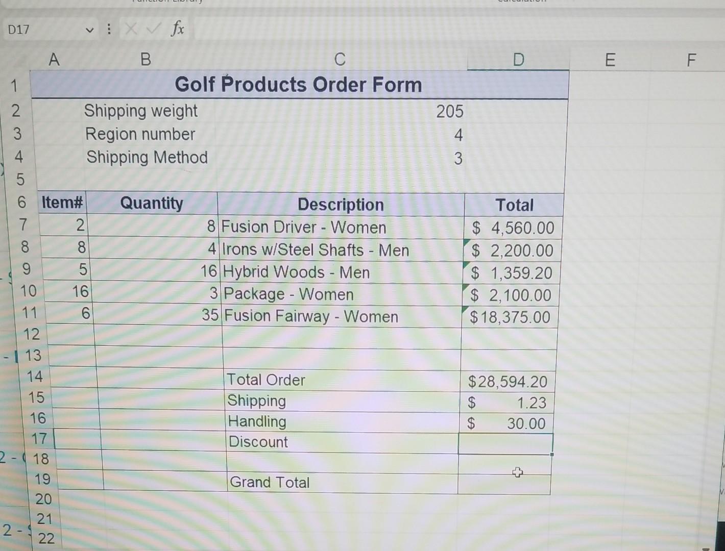 Solved I need the excel formulas for discount and grand | Chegg.com