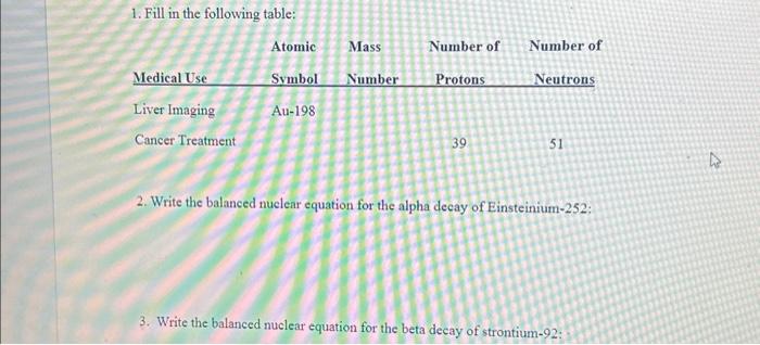 Solved 1. Fill in the following table: 2. Write the balanced | Chegg.com