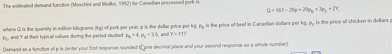 Solved The estimated demand function (Moschini and Meilke, | Chegg.com