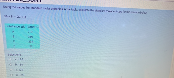 Solved Using the values for standard molar entropies in the | Chegg.com
