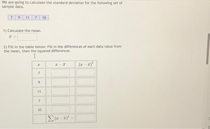 Solved We are going to calculate the standard deviation for | Chegg.com