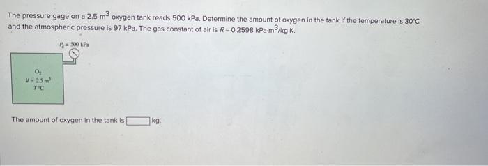 Solved The pressure gage on a 2.5-m3 oxygen tank reads 500 | Chegg.com