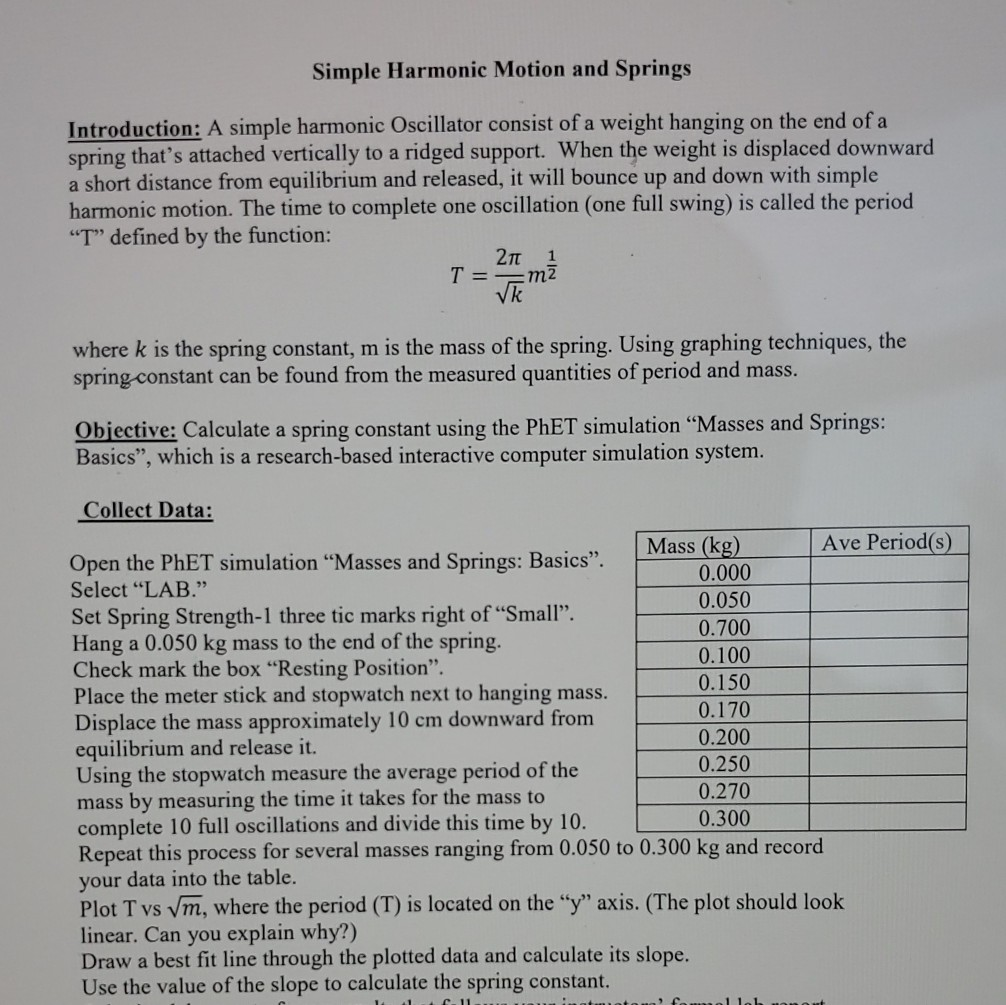 Solved Simple Harmonic Motion and Springs Introduction: A | Chegg.com