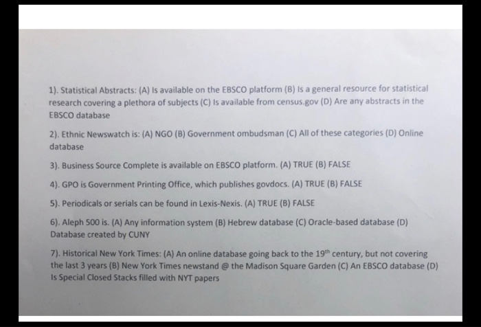 Solved 1). Statistical Abstracts: (A) is available on the | Chegg.com