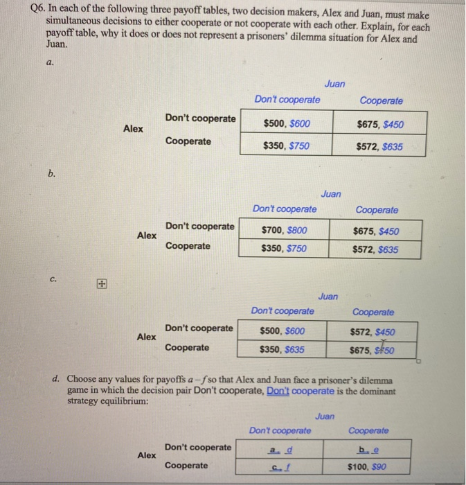 Solved Q6. In each of the following three payoff tables, two | Chegg.com