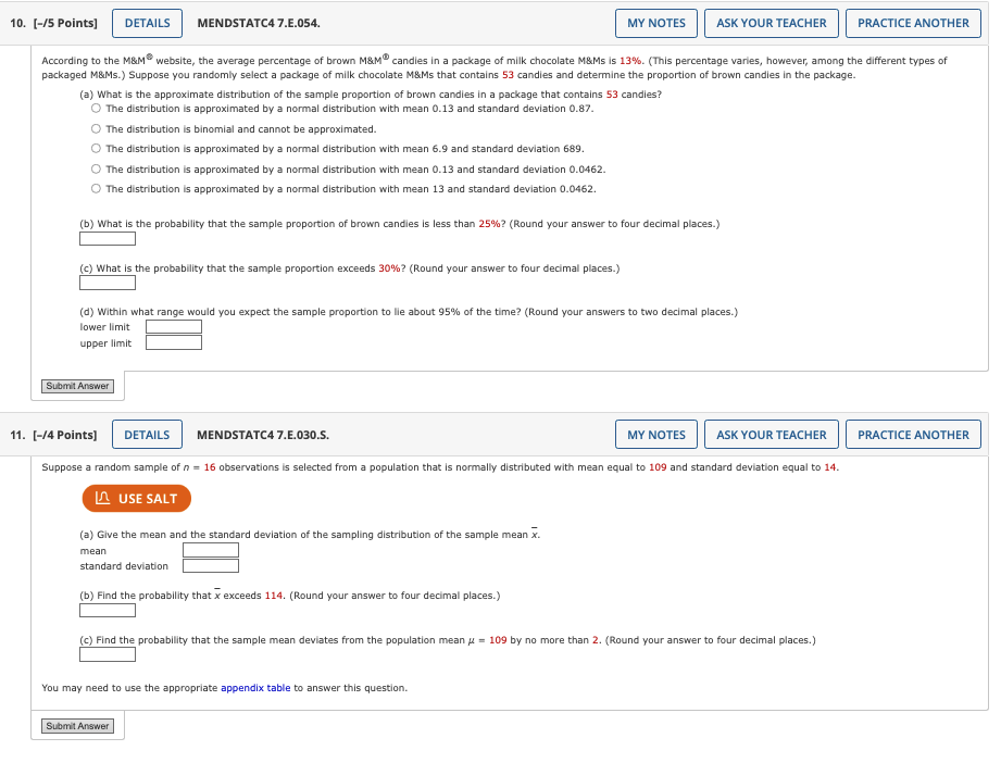Solved [-/5 ﻿Points]MENDSTATC4 7.E.054.packaged M&Ms.) | Chegg.com