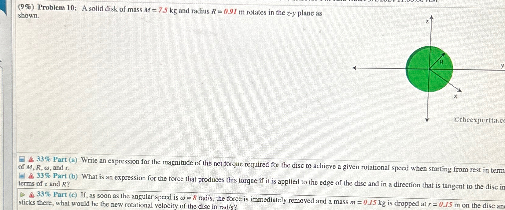 (9%) ﻿Problem 10: A solid disk of mass M=7.5kg ﻿and | Chegg.com
