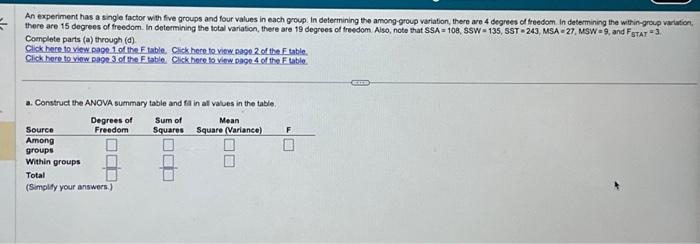 Solved A) construct anova summary table and fill values in. | Chegg.com