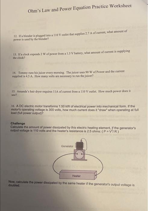 Solved Ohm's Law and Power Equation Practice Worksheet Name | Chegg.com