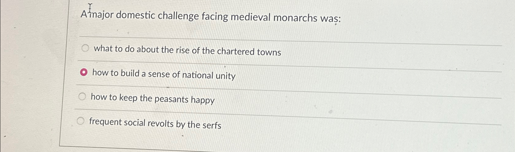 Solved A înajor domestic challenge facing medieval monarchs | Chegg.com