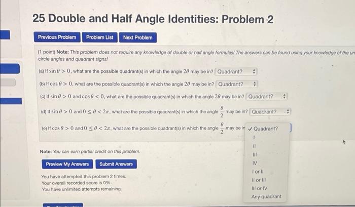 Solved 25 Double and Half Angle Identities: Problem 2 | Chegg.com