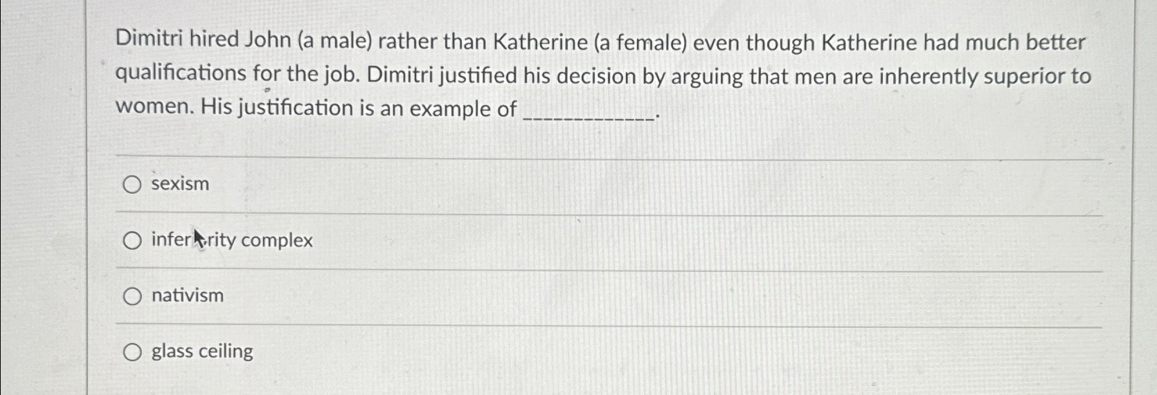Solved Dimitri hired John (a male) ﻿rather than Katherine (a | Chegg.com