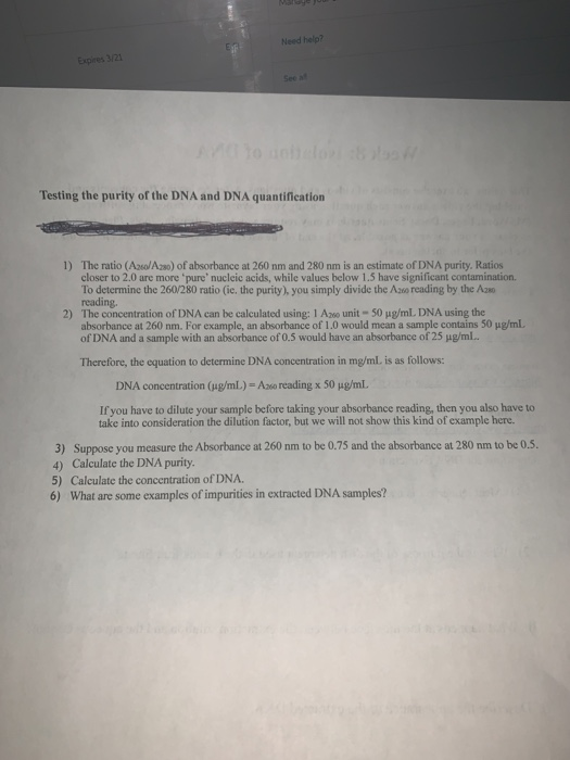 Solved Testing the purity of the DNA and DNA quantification | Chegg.com