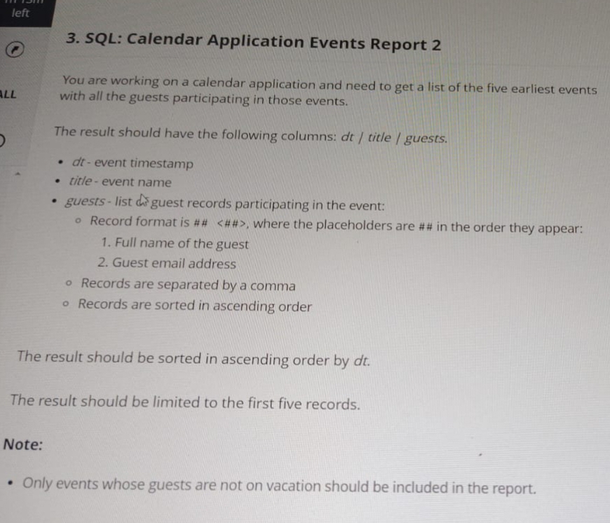 Solved 3. ﻿SQL: Calendar Application Events Report 2You are | Chegg.com