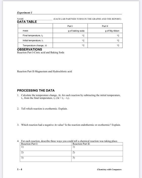 Experiment 1 Endothermic and Exothermic Reactions | Chegg.com