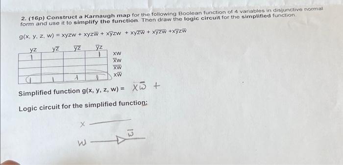 Solved 2. (16p) Construct a Karnaugh map for the following | Chegg.com
