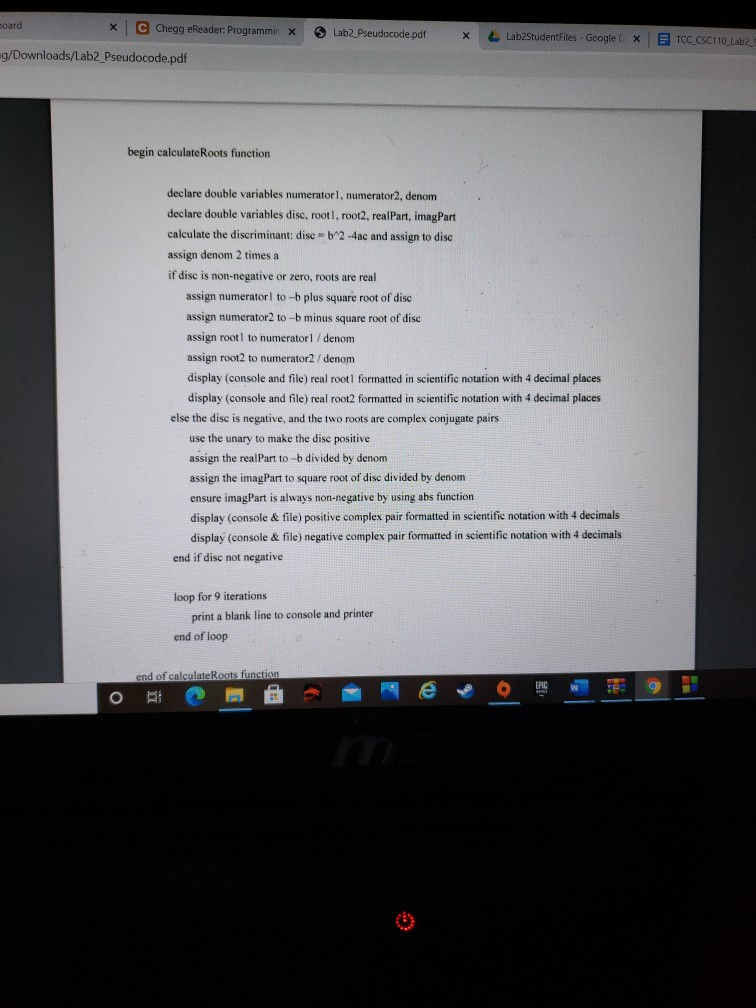 Solved C Chegg eReader: Programmin x Lab2 Pseudocode.pdf х | Chegg.com