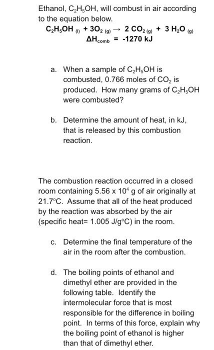 Solved Ethanol, C,H,OH, will combust in air according to the | Chegg.com