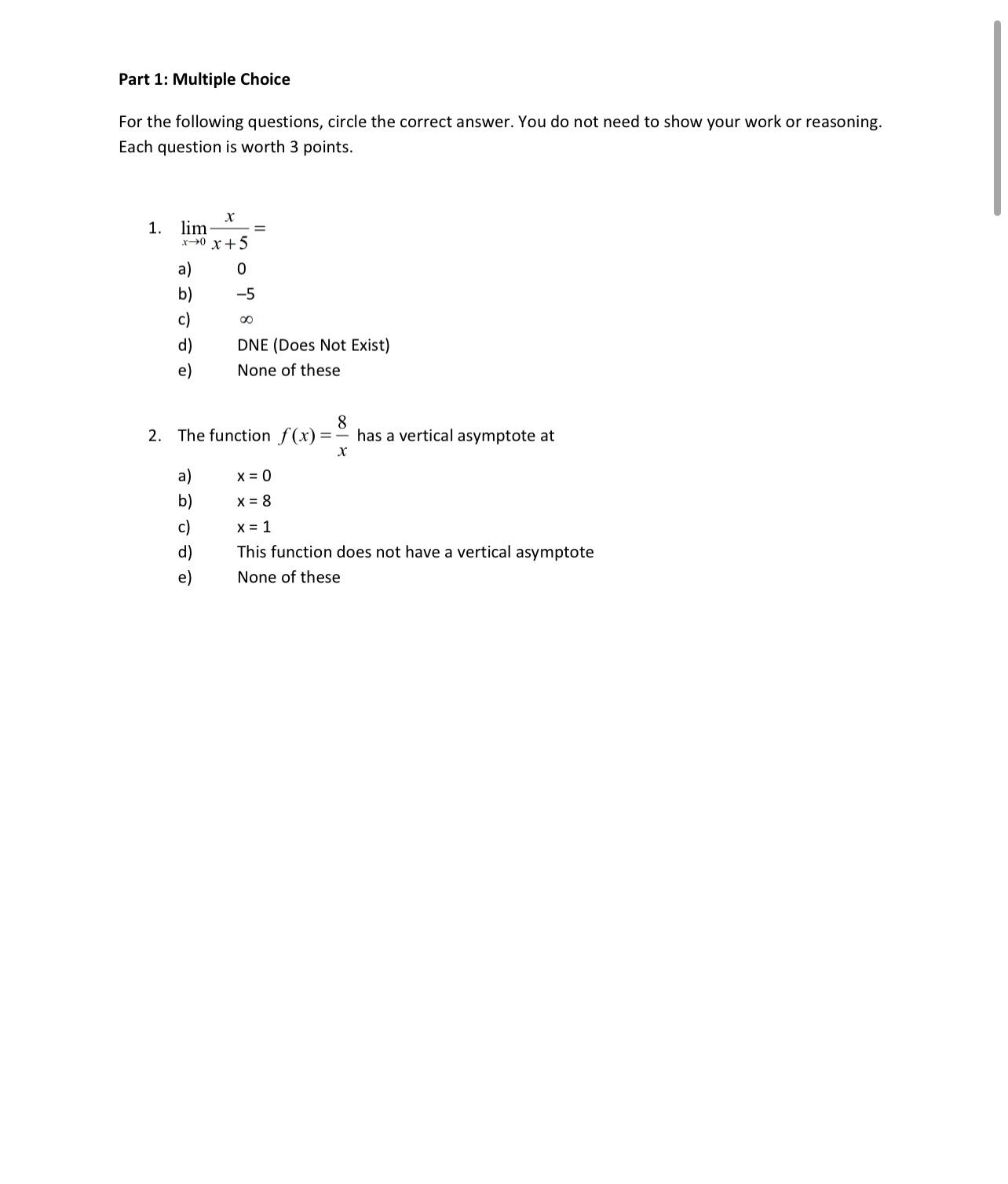 Solved Part 1: Multiple ChoiceFor the following questions, | Chegg.com