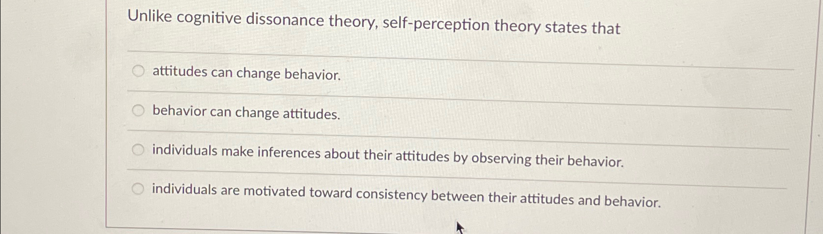 Unlike cognitive dissonance theory, self-perception | Chegg.com