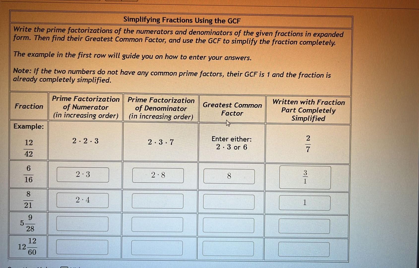 Solved Simplifying Fractions Using the GCF Write the prime | Chegg.com