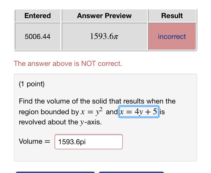 Solved (1 point) Find the volume of the solid obtained by | Chegg.com