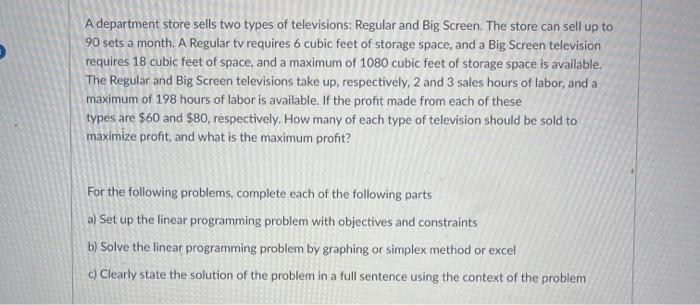 Solved A department store sells two types of televisions: | Chegg.com