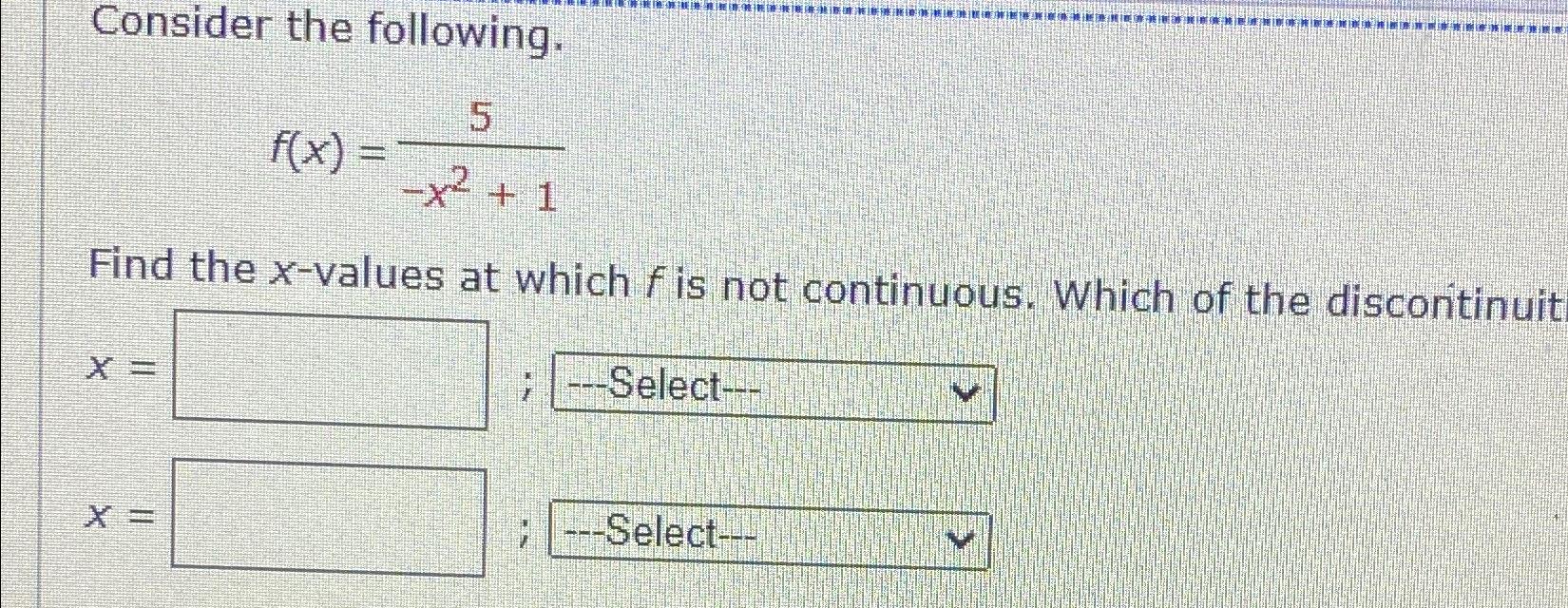 Solved Consider the following.f(x)=5-x2+1Find the x-values | Chegg.com