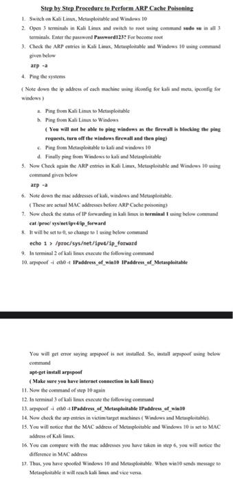 Solved Step by Step Procedure to Perform ARP Cache Poisening | Chegg.com