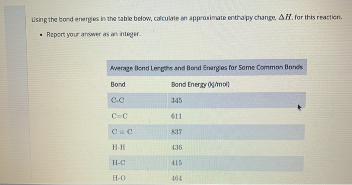 Using the bond energies in the table below, calculate | Chegg.com