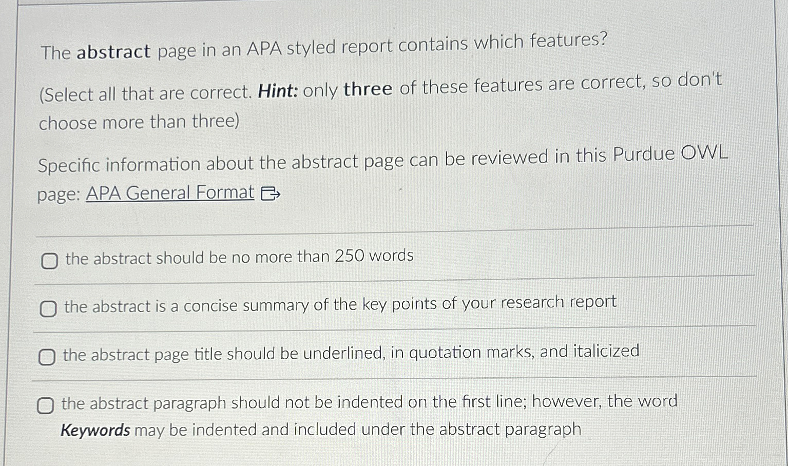 Solved The abstract page in an APA styled report contains | Chegg.com
