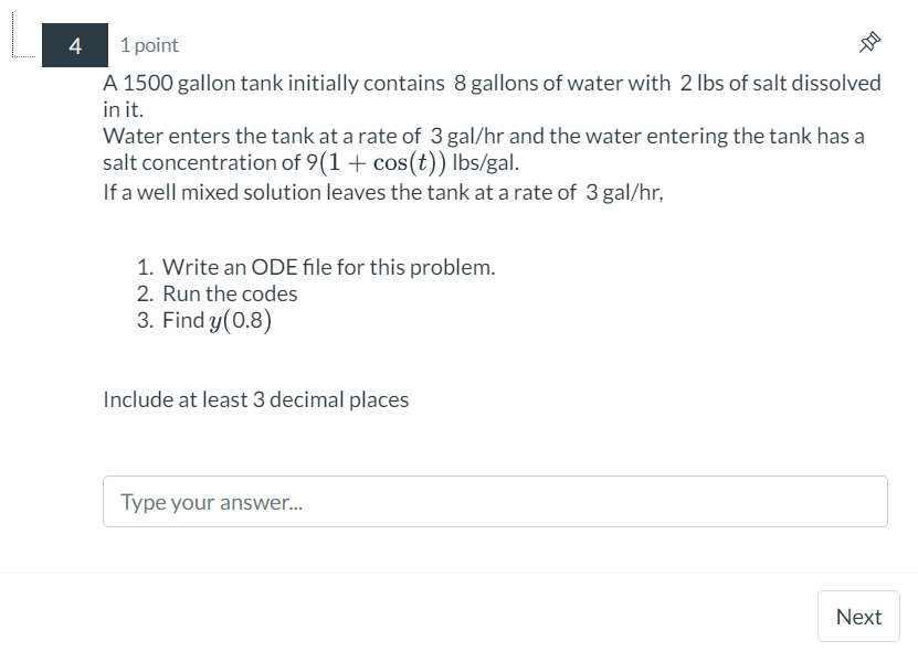 Solved A 1500 ﻿gallon tank initially contains 8 ﻿gallons of | Chegg.com