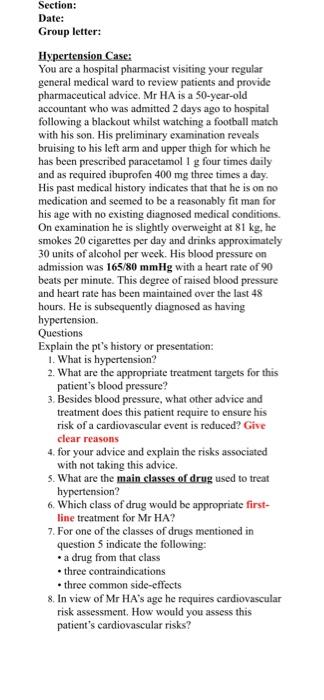 Solved Section: Date: Group letter: Hypertension Case: You | Chegg.com