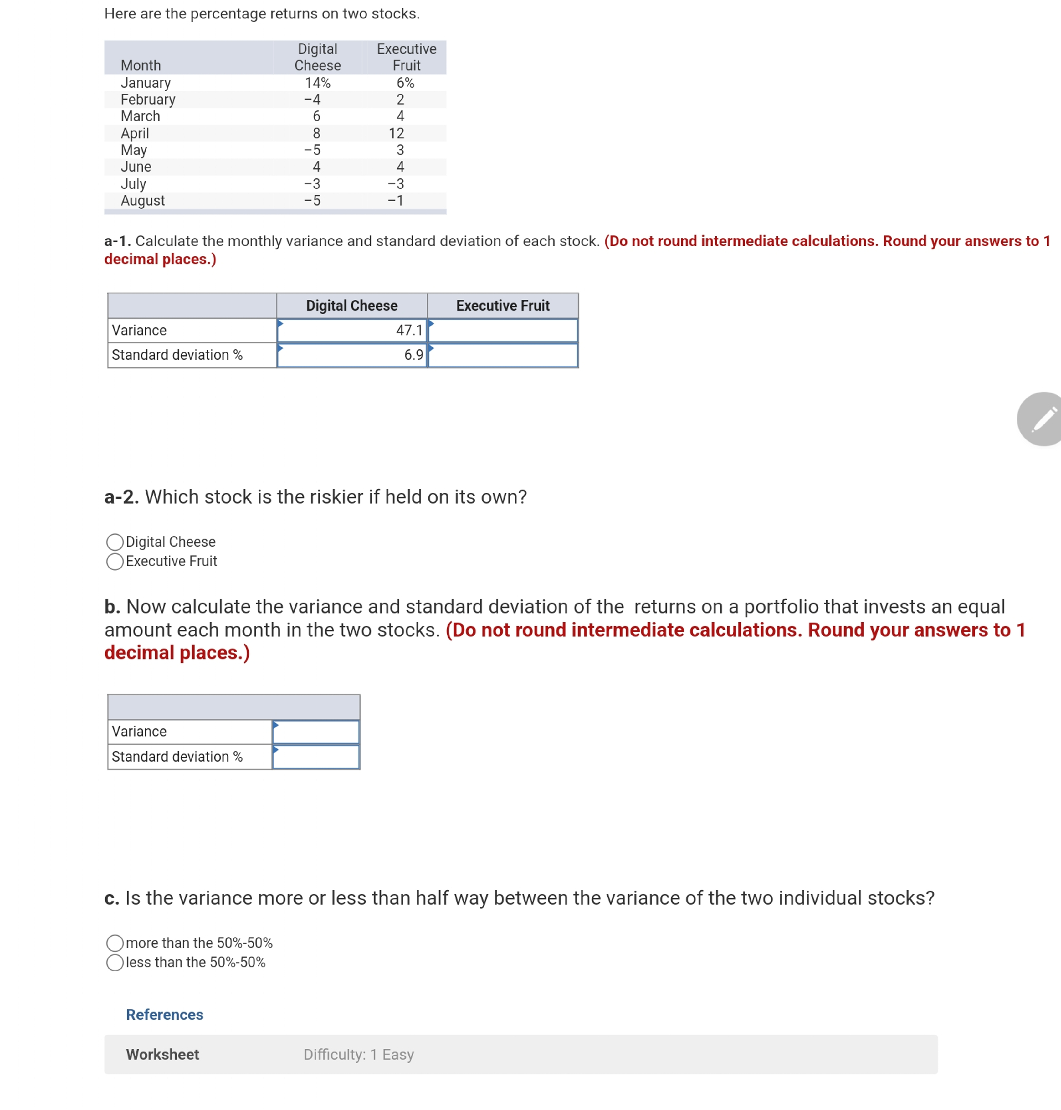 Solved Here are the percentage returns on two stocks.a-1. | Chegg.com