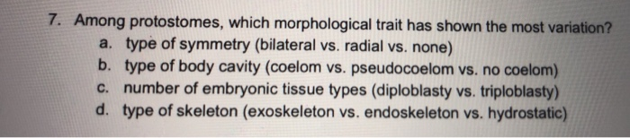 Solved 7. Among protostomes, which morphological trait has | Chegg.com