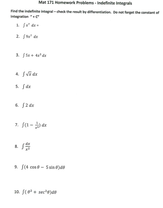 Solved Mat 171 Homework Problems - Indefinite Integrals Find | Chegg.com