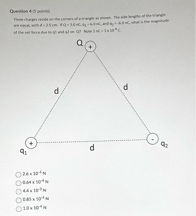 Solved Question 4 (5 points) Three charges reside on the | Chegg.com