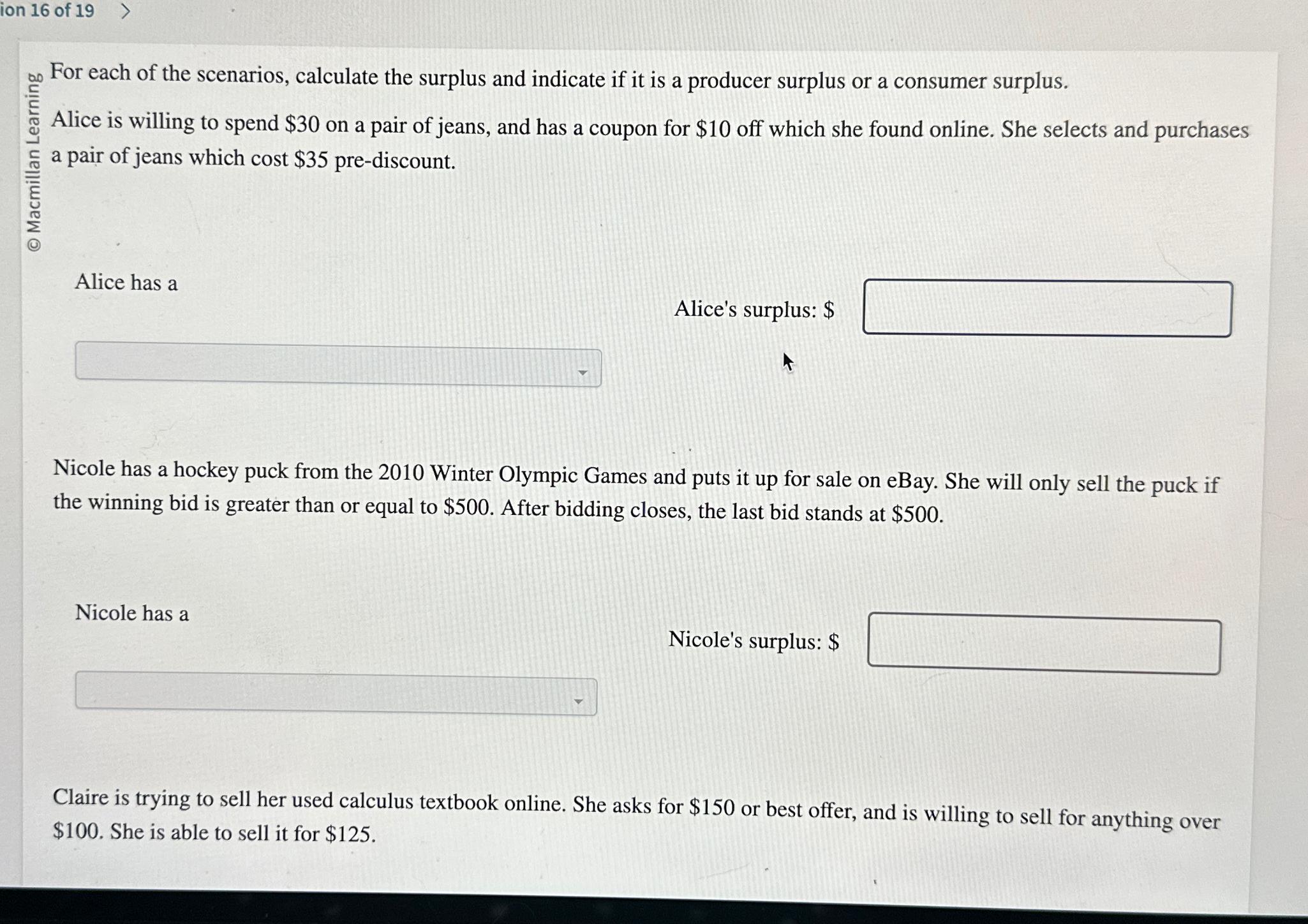 Solved ion 16 ﻿of 19For each of the scenarios, calculate the | Chegg.com