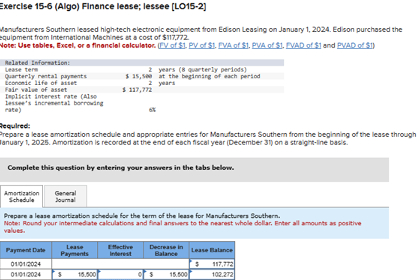 Solved Exerclse 15-6 (Algo) ﻿Finance lease; lessee | Chegg.com