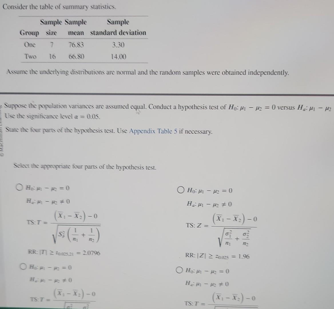 Consider the table of summary statistics. Assume the | Chegg.com