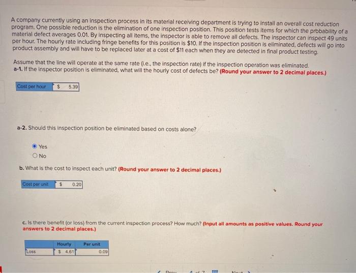 Solved A company currently using an inspection process in | Chegg.com