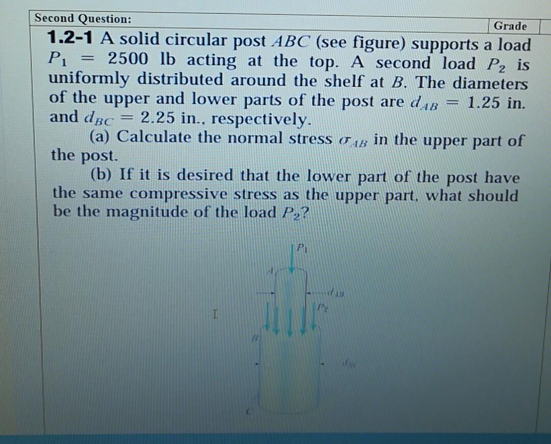 Solved Grade Second Question: 1.2-1 A solid circular post | Chegg.com