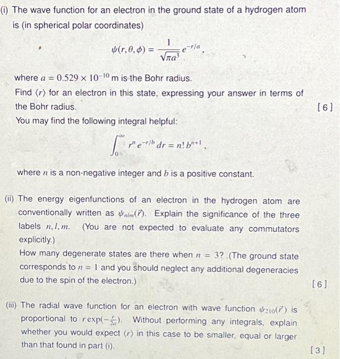 Solved i) The wave function for an electron in the ground | Chegg.com