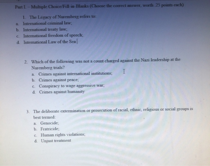 Part I. - Multiple Choice/Fill-in-Blanks (Choose the | Chegg.com